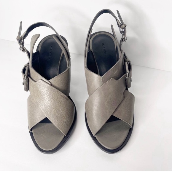 All Saints | Shoes | Allsaints Eline Grey Leather Strap Wedge Sandals ...